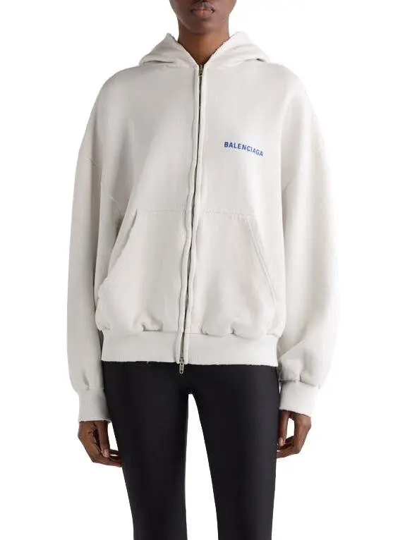 Balenciaga Logo Embroidered Distressed Zip Hoodie - 8016 Dirty Wht/ Sport Blue