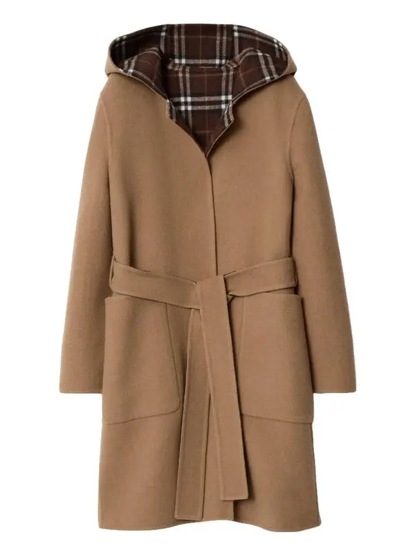 Burberry Reversible Wool Hooded Wrap Coat - Camel Brown/treacle Brown