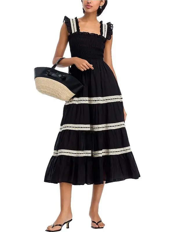 Aqua Smocked Lace Inset Midi Dress - Ivory/black