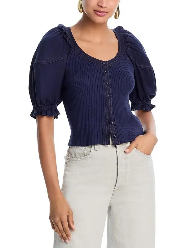 Aqua Mixed Media Puff Sleeve Top - Navy