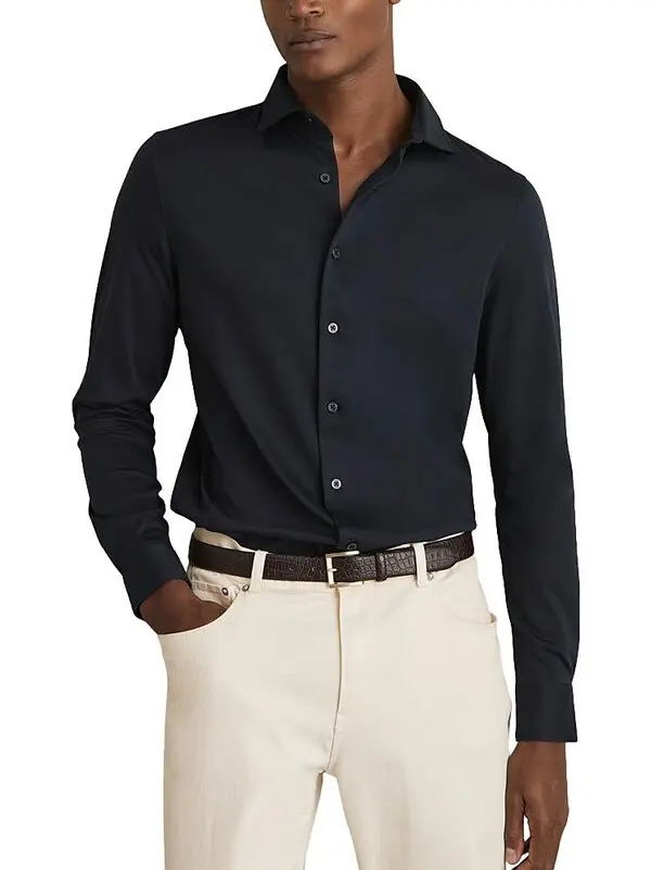 REISS Duke Airwater Finish Cotton Jersey Shirt - Navy