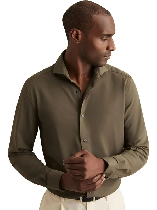 REISS Charge Stretch Jersey Cutaway-collar Shirt - Olive Green
