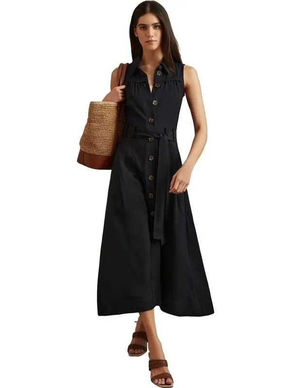 REISS Heidi Viscose-linen Belted Midi Dress - Navy