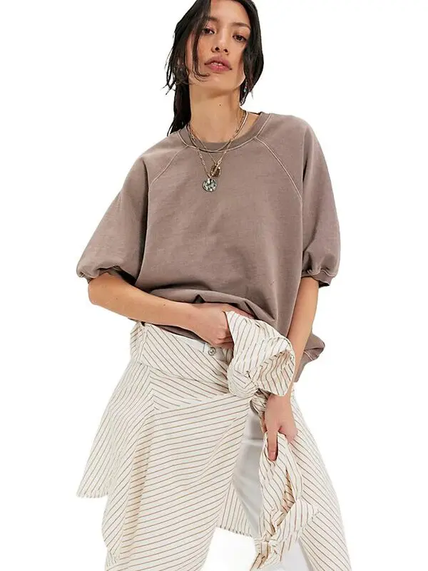 Free People Terry Puff Sleeve Sweatshirt - Dusted Cocoa