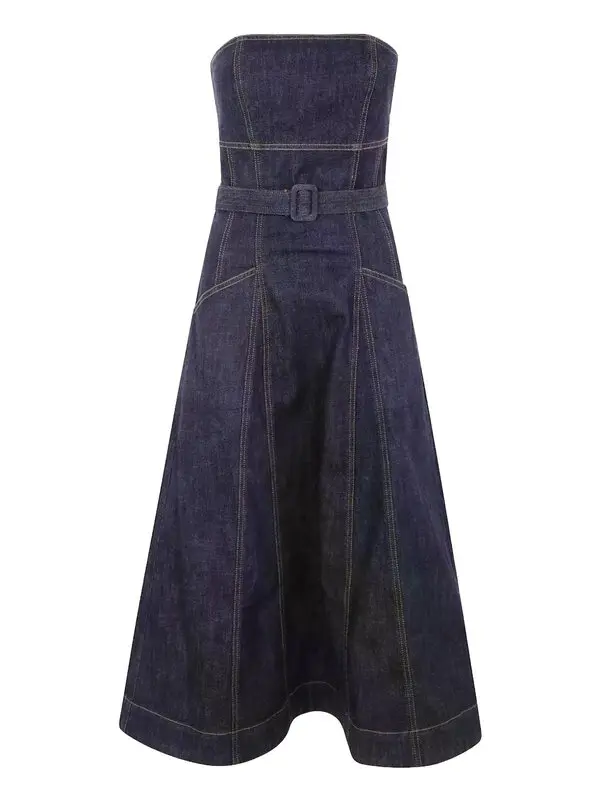 SELF-PORTRAIT Strapless Belted Denim Midi Dress - Blue