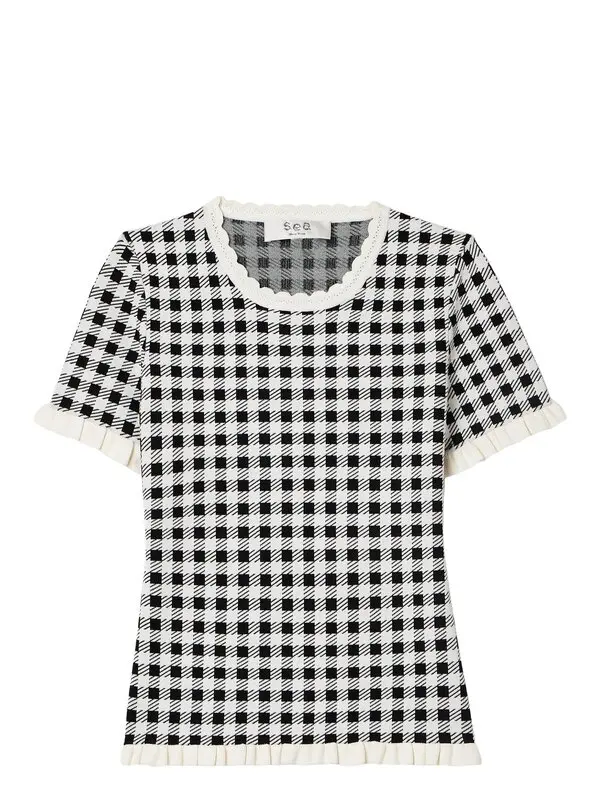 Sea Saige Ruffled Gingham Jacquard-knit Top - Black