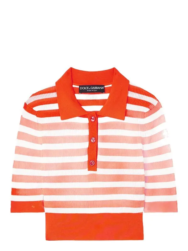 Dolce & Gabbana Cropped Striped Ribbed-knit Polo Shirt - Red