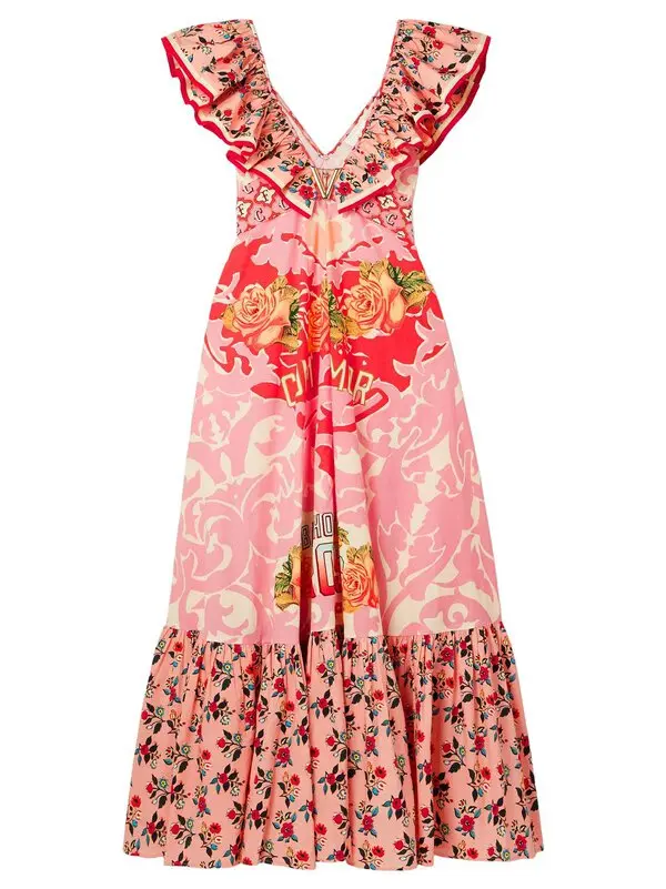 Camilla Belted Embellished Ruffled Printed Organic Cotton-poplin Maxi Dress - Pink