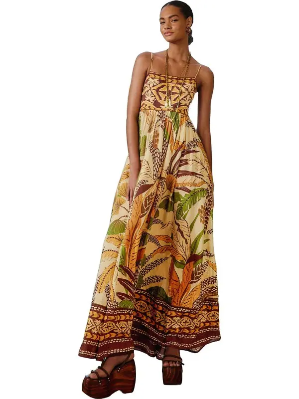 Farm Rio Sand Foliage Sketch Maxi Dress - Foliage Sketch Sand