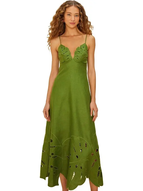 Farm Rio Monstera Embroidered Linen Midi Dress - Green