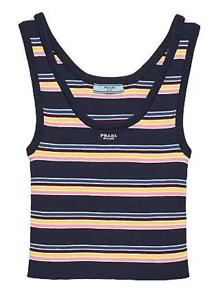 Prada Brand-embroidered Striped Cotton Tank Top - Blue