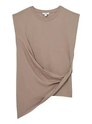 REISS Tilly Crewneck Draped Cotton T-shirt - Taupe Neutral