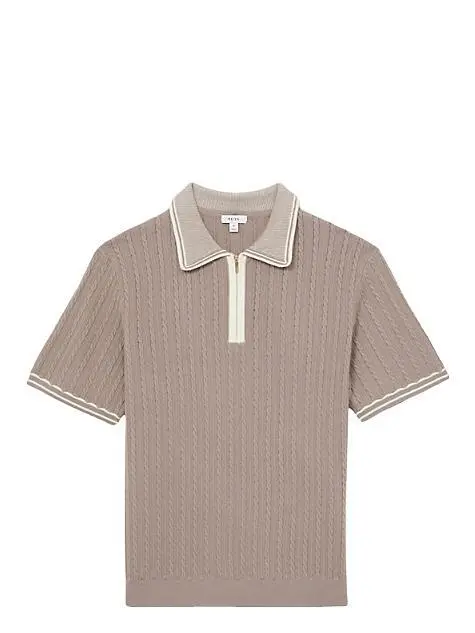 REISS Jarvis Micro-cable Short-sleeve Knitted Polo - Light Taupe Brown