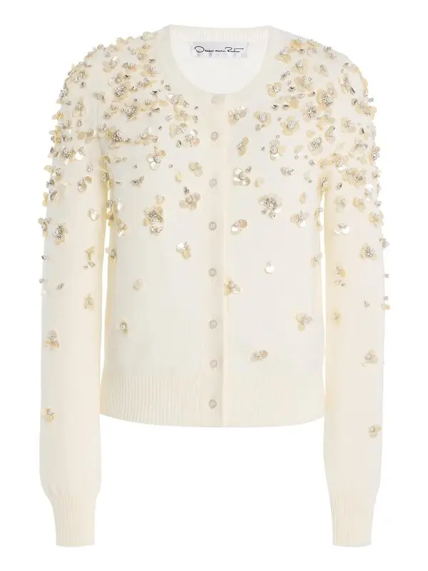 Oscar De La Renta Mother-of-pearl Embellished Wool Cardigan - Ivory