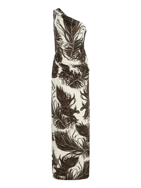 Oscar De La Renta Feather-printed One-shoulder Maxi Dress - Brown