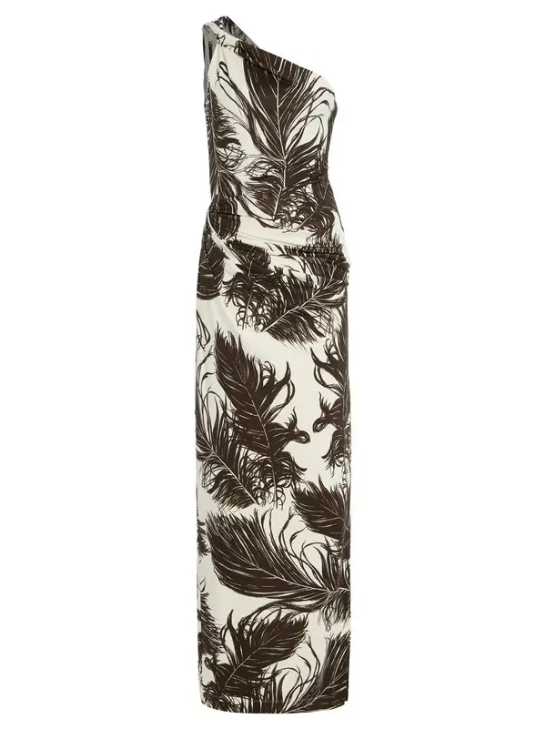 Oscar De La Renta Feather-printed One-shoulder Maxi Dress - Brown