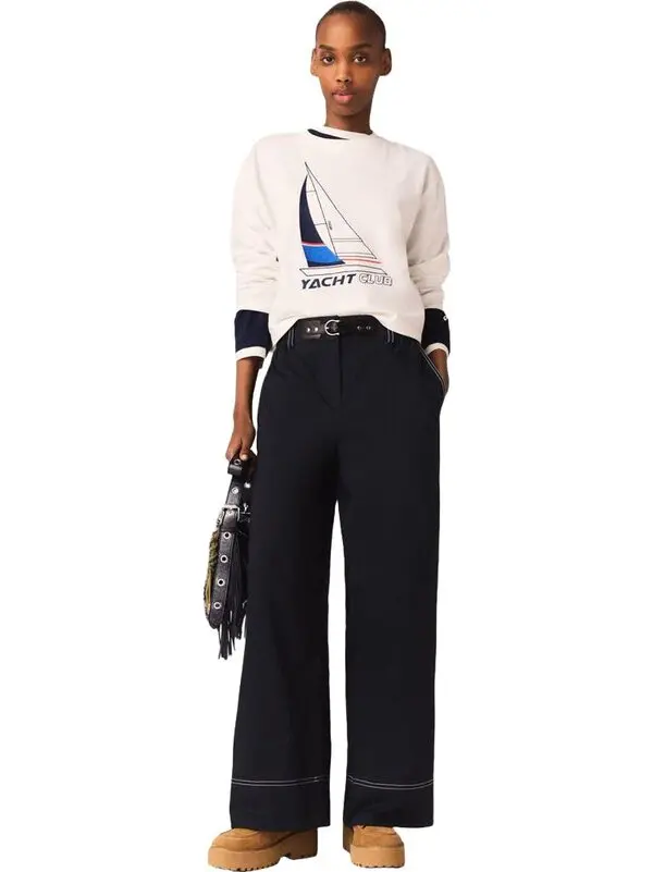 Maje Cotton Canvas Trousers With Belt - Navy