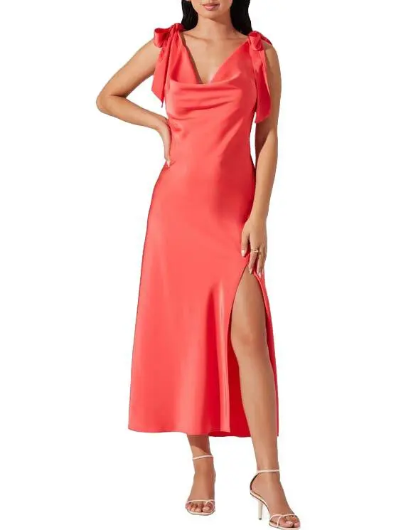 Astr The Label Allexina Tie Shoulder Satin Midi Dress - Coral