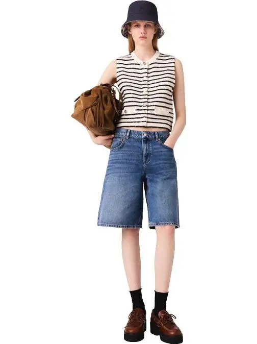 Maje Striped Wool-blend Top - White/navy