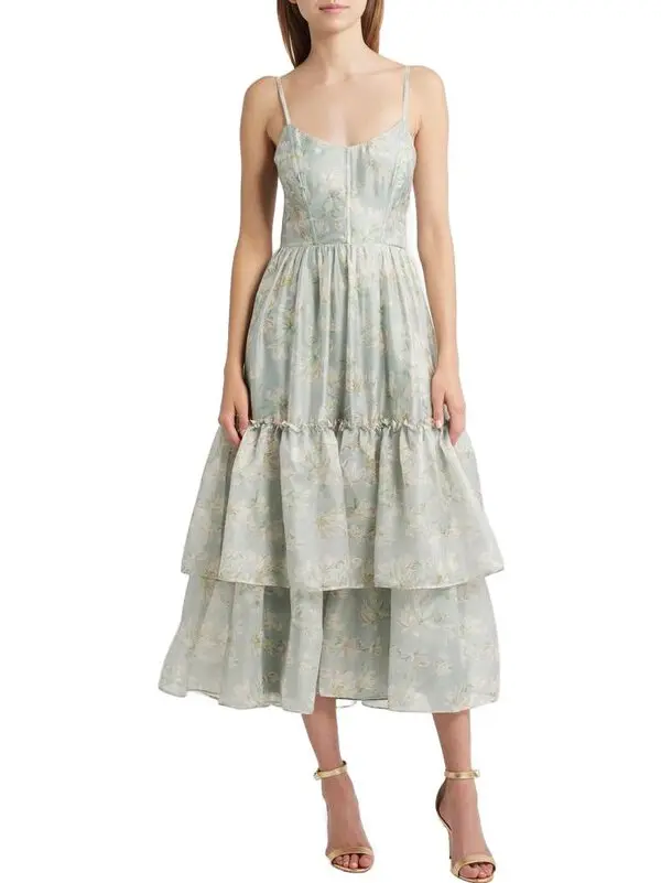 Lulus Dylan Tie Back Tiered Midi Dress - Sage Floral