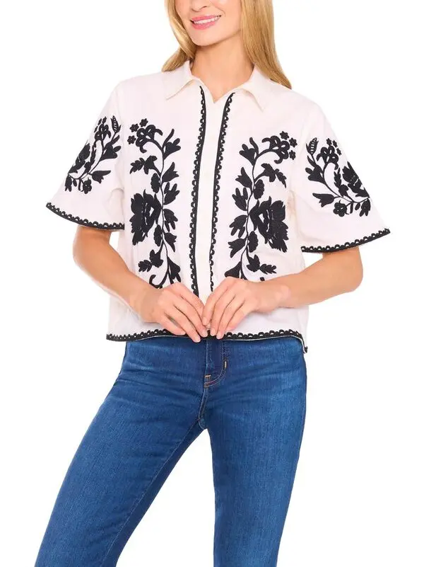 CECE DUPRAZ Embroidered Cotton Button-up Shirt - Eggnog