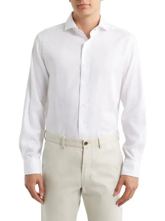 Lorenzo Uomo Trim Fit Cotton Herringbone Dress Shirt - White