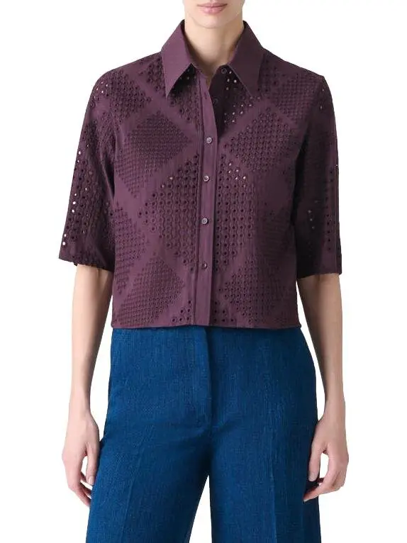Akris Diamond Cotton Eyelet Button-up Shirt - Blackberry