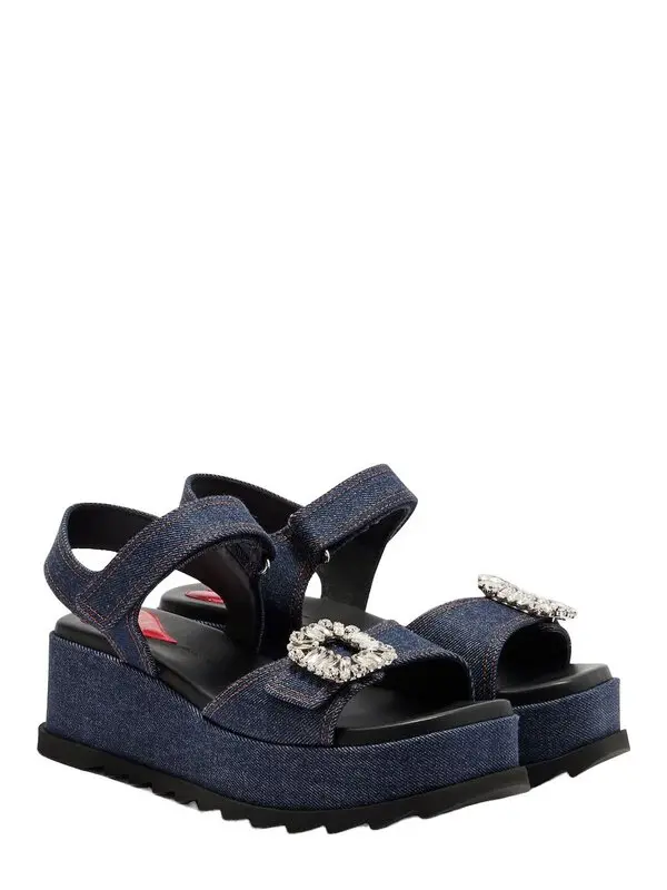 ROGER VIVIER Embellished Denim Wedge Sandals - Blue