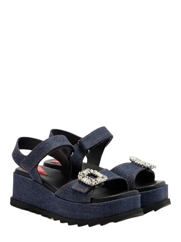 ROGER VIVIER Embellished Denim Wedge Sandals - Blue