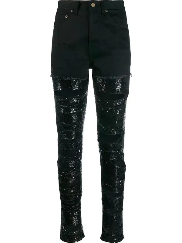 Saint Laurent Sequin-embellished Ripped Skinny Jeans - Black