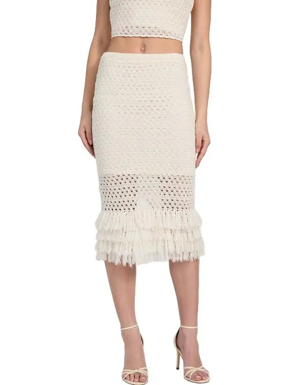Guess Luca Fringe Hem Open Stitch Midi Skirt - Dove White