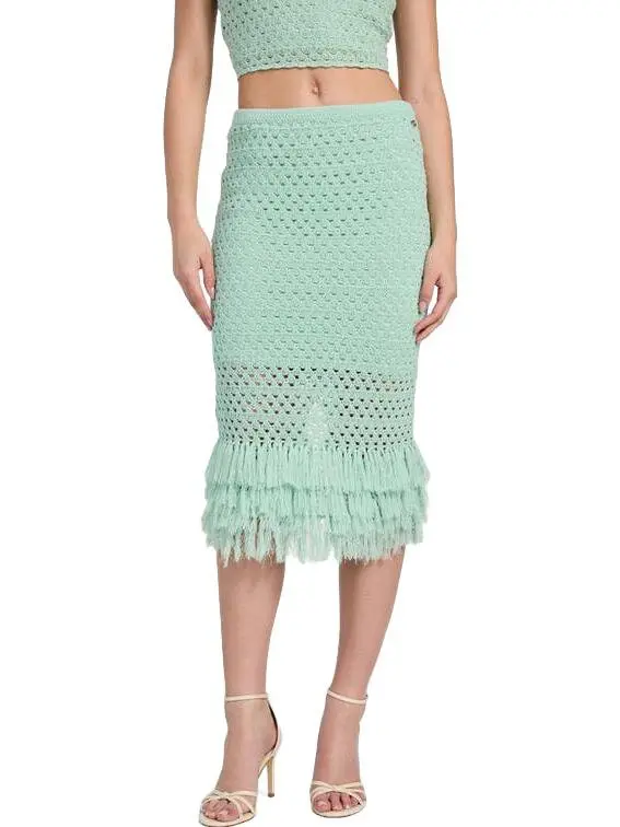 Guess Luca Fringe Hem Open Stitch Midi Skirt - Saturn Green A809