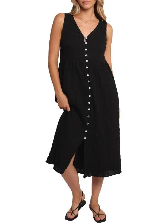 PETAL & PUP Stretch Cotton Button-up Midi Dress - Black