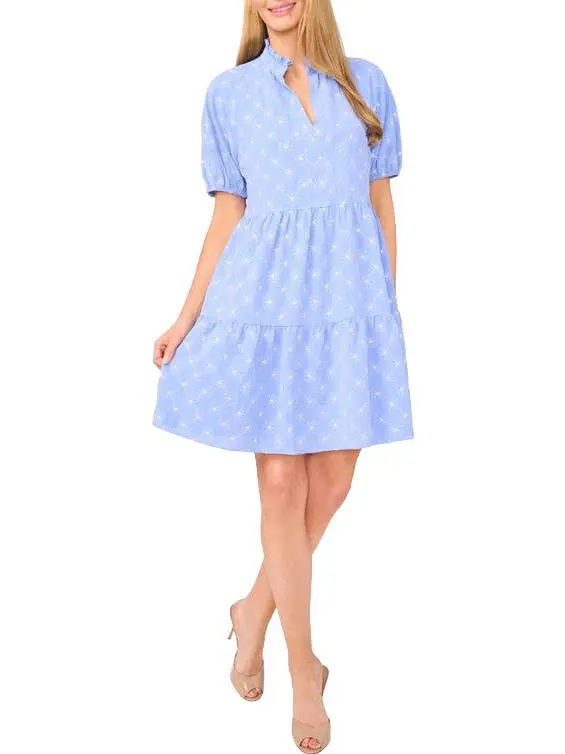 CECE DUPRAZ Embroidered Puff Sleeve Tiered Babydoll Dress - Blue Spritz