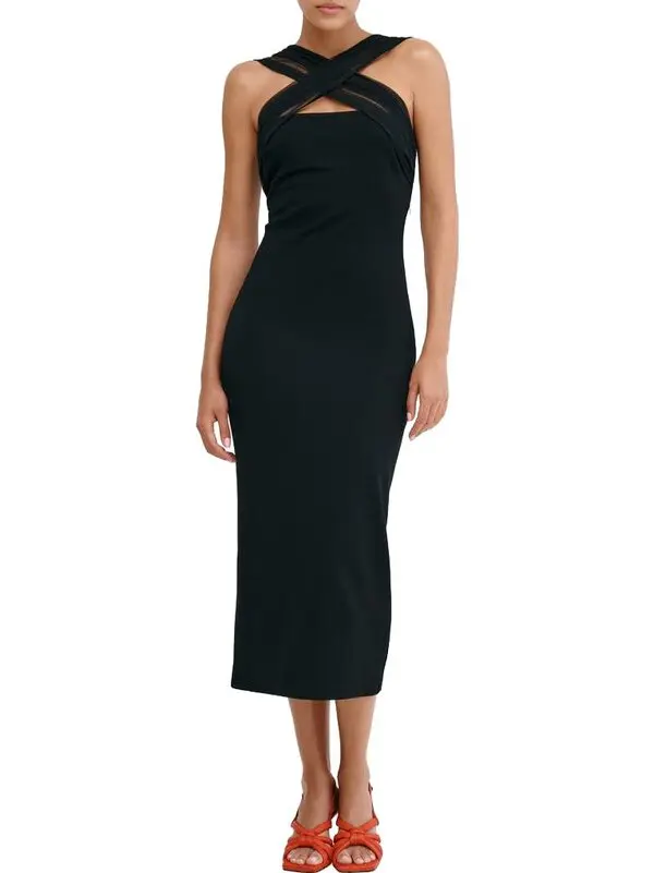 MARCELLA Waldorf Mesh Cross Neck Midi Dress - Black