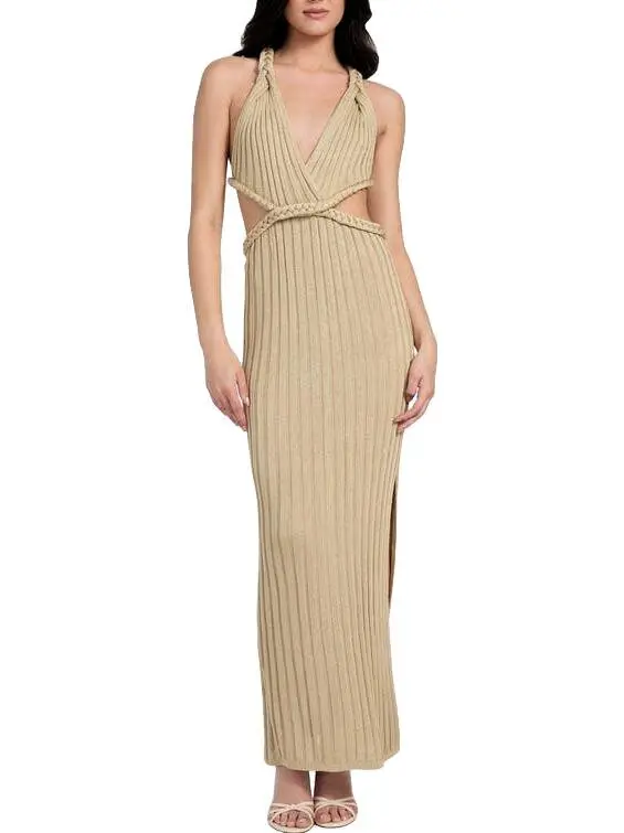 Guess Rib Braided Trim Cutout Maxi Dress - Natural Multi