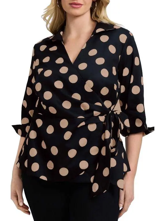 Foxcroft Salina Polka Dot Cotton Wrap Top - Black/ Almond