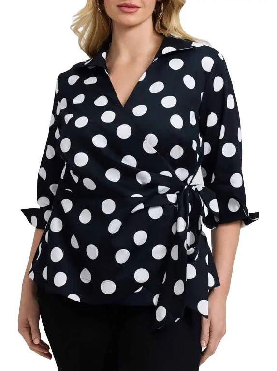 Foxcroft Salina Polka Dot Cotton Wrap Top - Black/ White