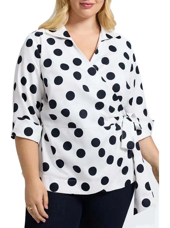 Foxcroft Salina Polka Dot Cotton Wrap Top - White/black