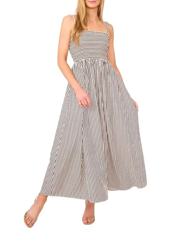 CECE DUPRAZ Striped Smocked Bodice Maxi Dress - Classic Navy