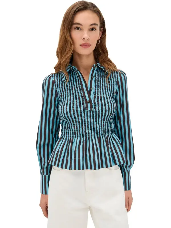 DAMSON MADDER Shirred Shirt - Blue Choc Stripe