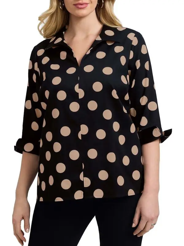 Foxcroft Agnes Dot Print Popover Top - Black/ Almond