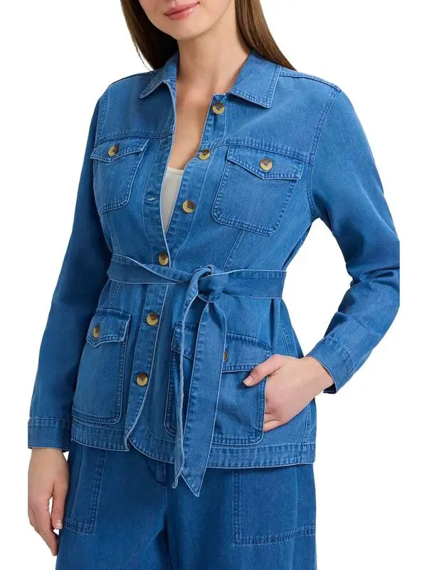 Foxcroft Stella Belted Denim Utility Jacket - Medium Wash