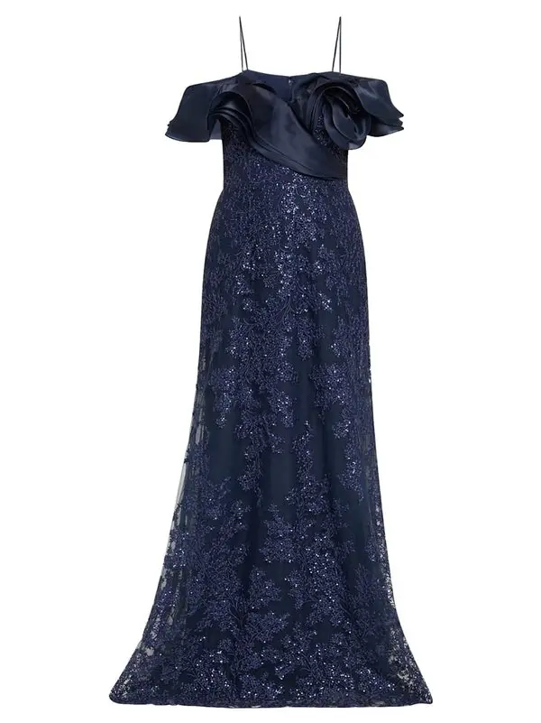 Rickie Freeman For Teri Jon Sequin Embroidered Organza And Tulle Gown - Navy