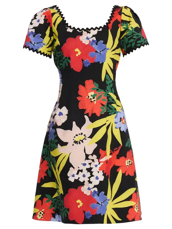 Rickie Freeman For Teri Jon Floral-print Ric Rac A-line Dress - Black Mult