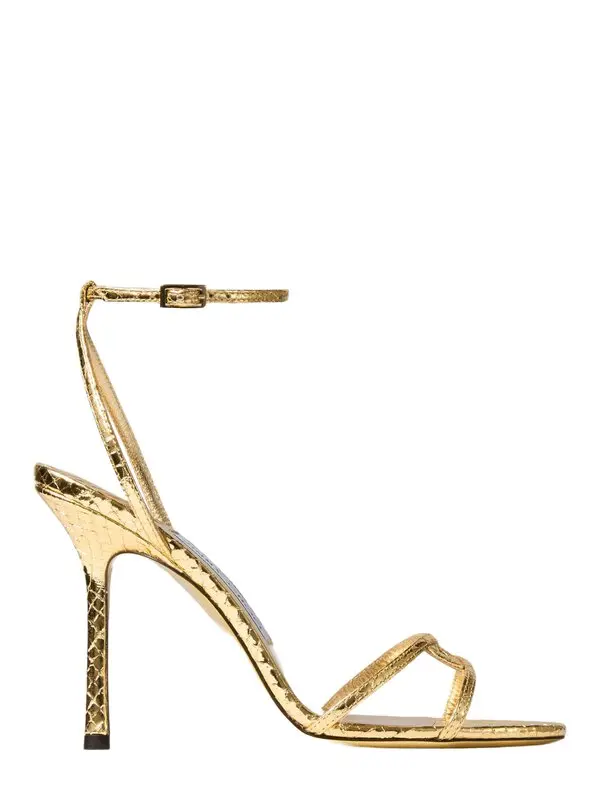 JIMMY CHOO Leo 100 Gold Candy Wrap Leather Sandals - Silver