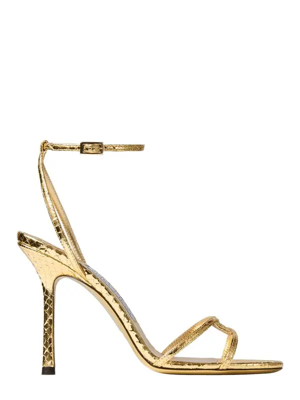 JIMMY CHOO Leo 100 Gold Candy Wrap Leather Sandals - Silver