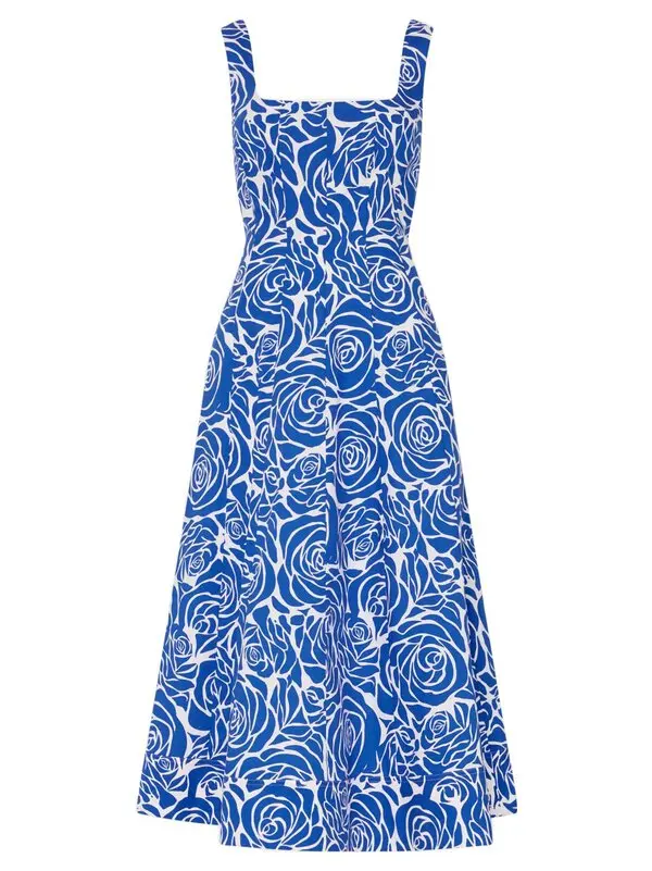 MILLY Nia Blue Rose Poplin Midi Dress - Blue/white