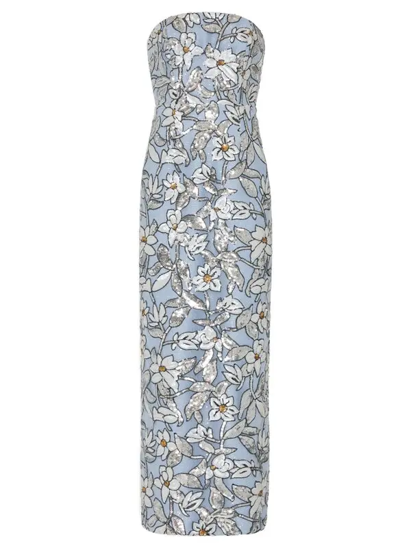 MILLY Magnolia Floral Sequins Maxi Gown - Silver
