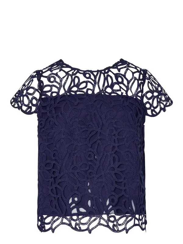 MILLY Lace Cap-sleeved Blouse - Navy